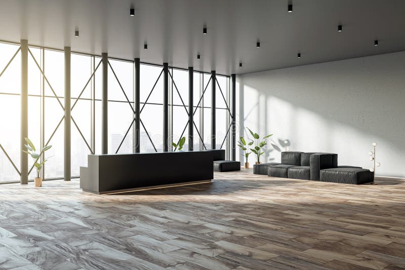 Bright Office Lobby with Reception Desk and Dynamic City Views. 3D ...