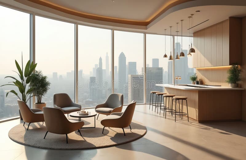 Bright Office Lounge, Bar, City View from Panoramic Windows. Modern ...