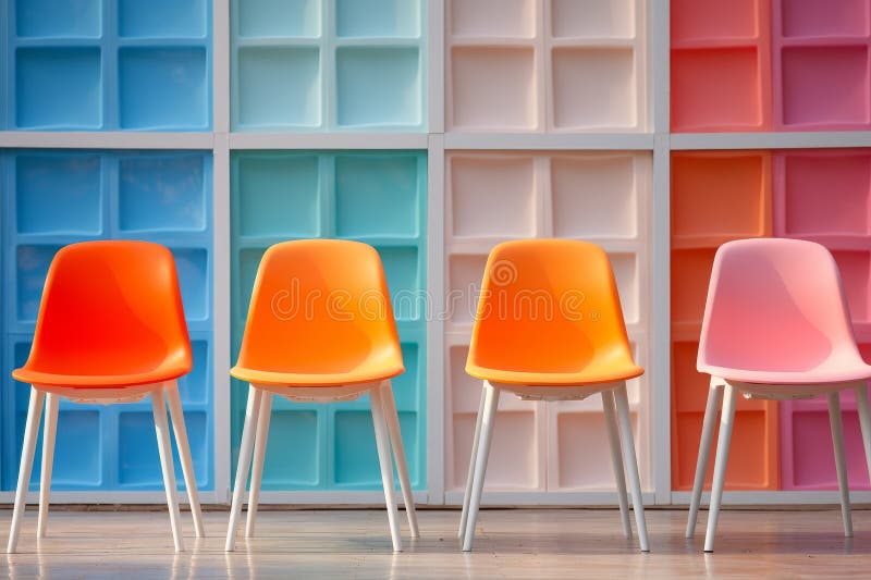 Bright Office Plastic Chairs in a Row Along a Bright Rainbow Wall Stock ...