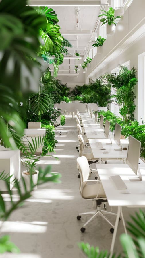 Bright Office Space with Abundant Greenery and Modern Workstations. Generative Ai Stock ...