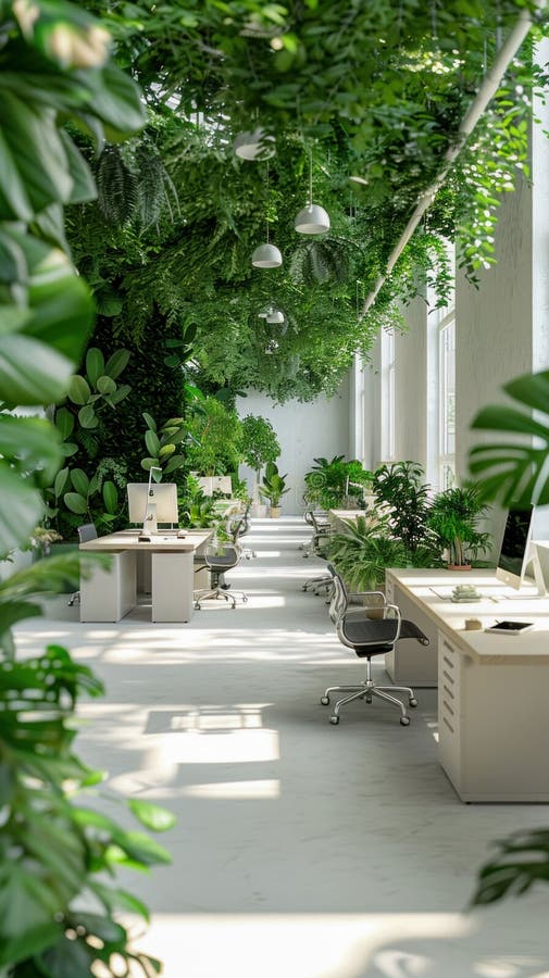 Bright Office Space with Abundant Greenery and Modern Workstations. Generative Ai Stock ...