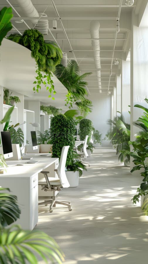 Bright Office Space with Abundant Greenery and Modern Workstations ...