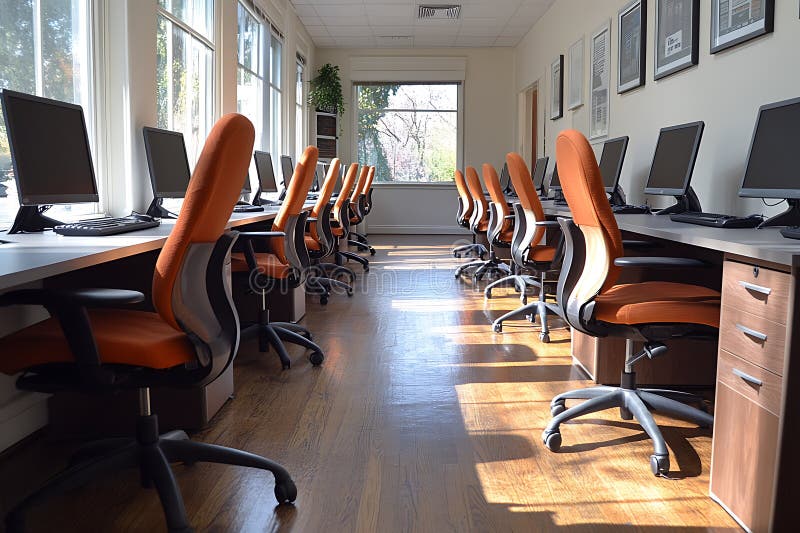 Bright Office Space with Computers, Orange Chairs, Wood Floor, Large ...