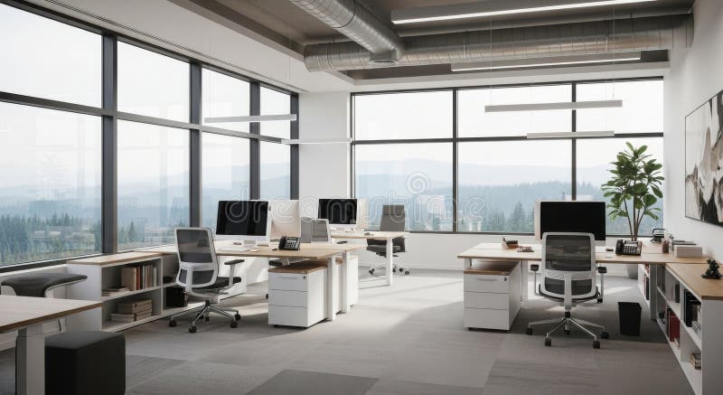 Bright Office Space with Desks, Chairs, Computers, and Storage Cabinets Offers a Functional and ...