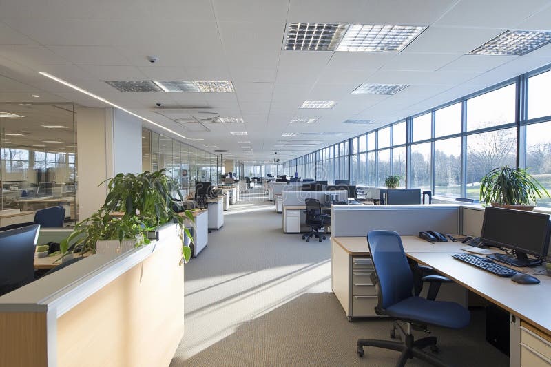 Bright Office Space Features Multiple Workstations with Computers ...