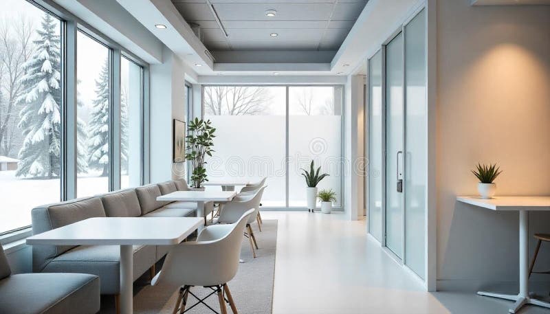 Bright Modern Office Space with Minimalist Decor and Winter View Stock ...