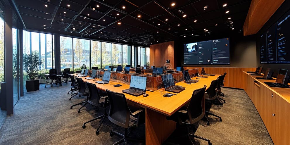 Modern Office Setup Featuring Multiple Laptops at Each Workstation in a ...