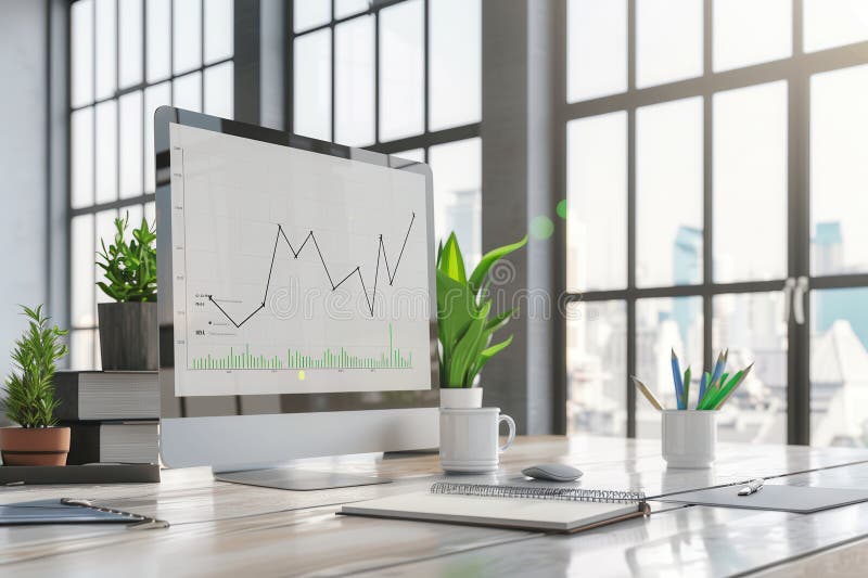 A Bright Office Workspace Showcases a Computer Displaying Data Trends ...