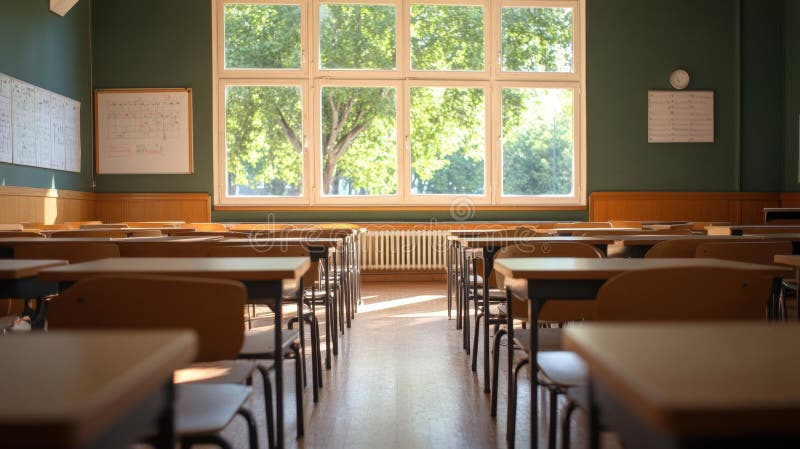 Bright Open Classroom with Empty Desks Stock Image - Image of ambiance ...