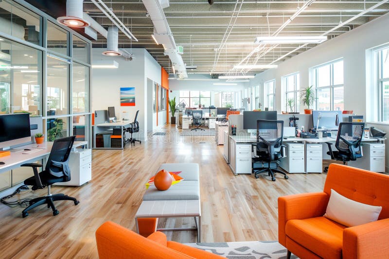 A Bright Open Floor Plan Office with Casual Seating Areas and Team Desks Stock Illustration ...