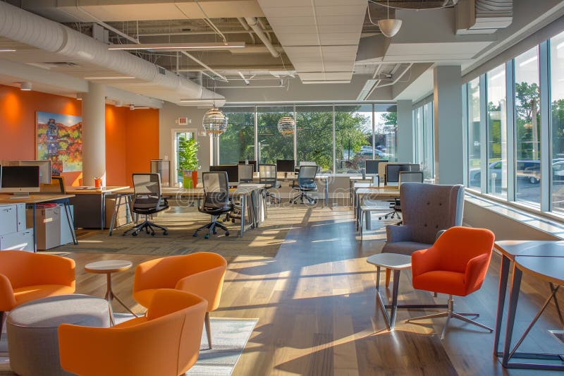 A Bright Open Floor Plan Office with Casual Seating Areas and Team ...