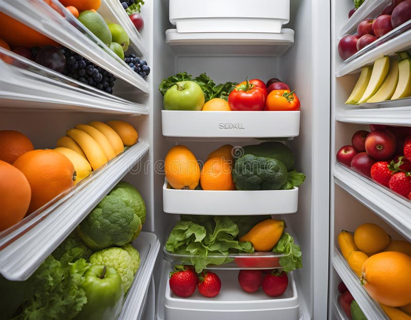A Bright, Open Fridge Filled with an Array of Fresh, Crisp Fruits and ...