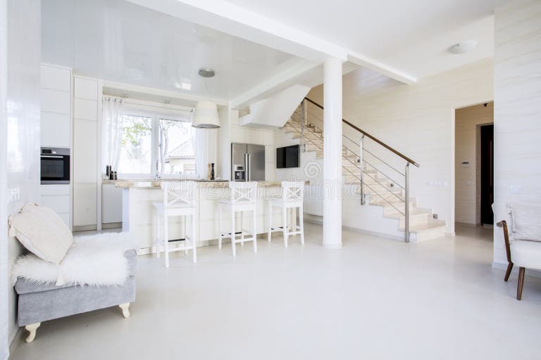 Bright Open Kitchen in Modern Interior Stock Photo - Image of floor ...