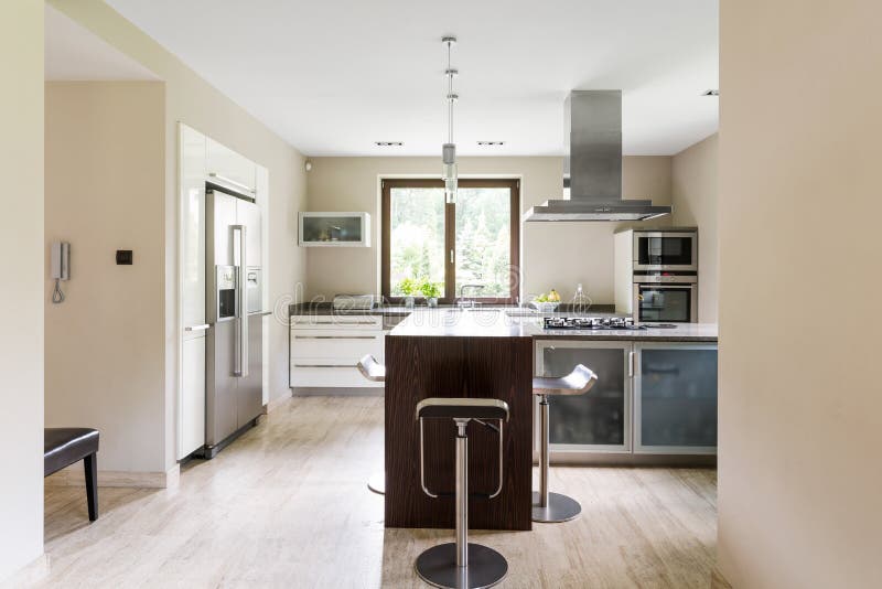 Bright Open Kitchen with Refrigerator Stock Photo - Image of modern ...