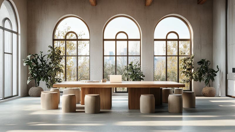 Bright Open Office with a Central Wooden Table, Surrounding Stools ...