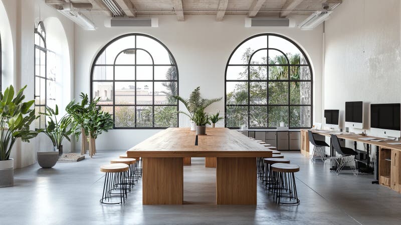 Bright Open Office Central Wooden Table Surrounding Stools Stock Photos ...