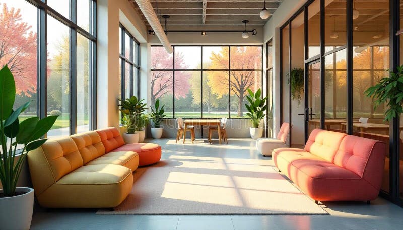 Bright Open Office Interior with Fall Landscape Views Stock Photo ...