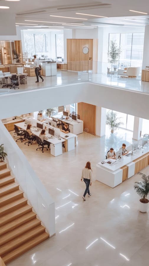 Bright Open Office with Multi-level Design Featuring Desks, Plants, and ...