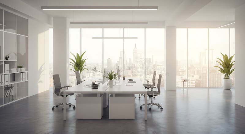 Bright Open Office Space with Desks and City View Stock Illustration ...