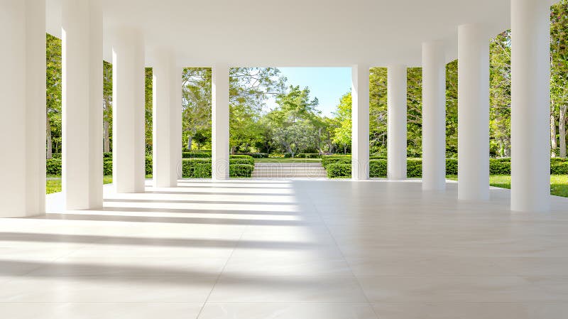 Open Pavilion with White Columns Overlooking a Lush Garden Pathway ...