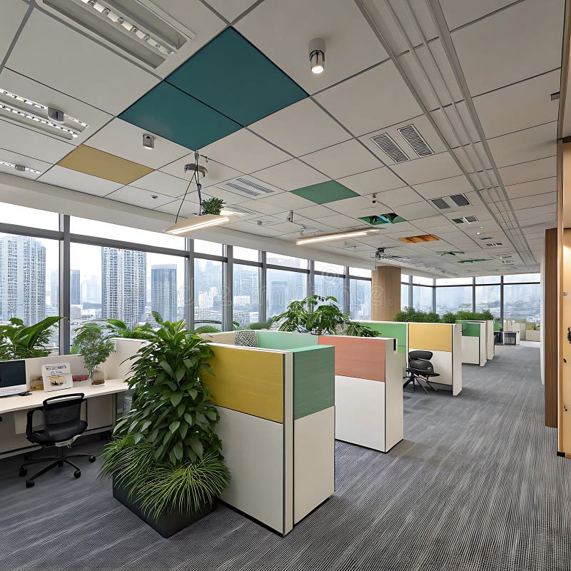 Bright Open Plan Office with Colorful Modular Cubicles and City View ...