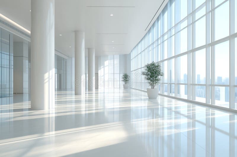 Bright Open Space with Large Glass Windows, White Columns, and Green ...