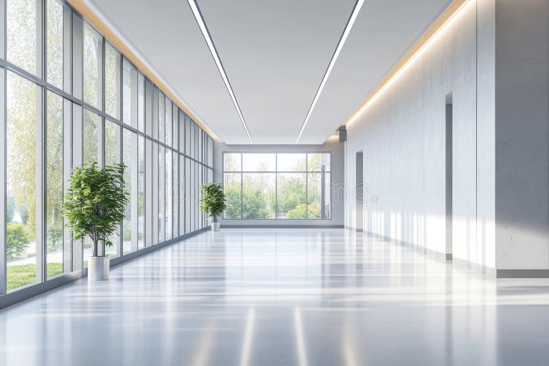 Bright Open Space with Large Glass Windows, White Columns, and Green ...