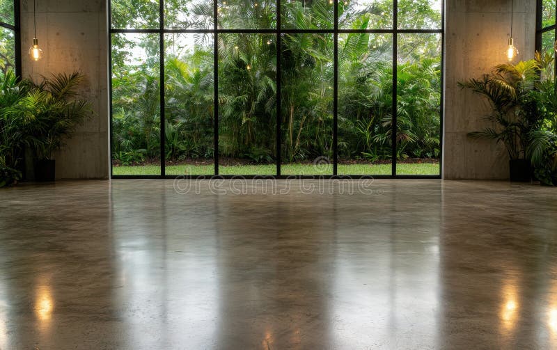 Bright Open Space with Large Windows and Lush Greenery Outside. Stock ...