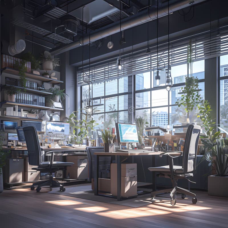 Bright, Open Workspace with Large Desks and Natural Light Stock ...
