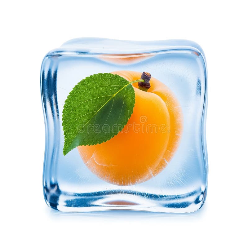 Unique Frozen Apricot Encased in Clear Ice with a Green Leaf ...