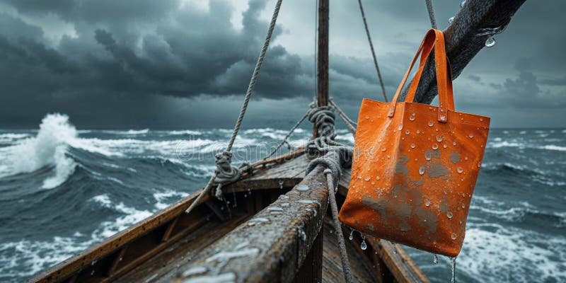 Bright Orange Bag Secured by Ropes Hangs Over the Edge of a Boat on a ...