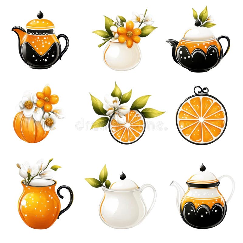 Bright Orange and Black Kitchenware with Floral Designs and Citrus ...