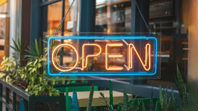 Bright Orange and Blue Neon "Open" Sign Glowing Stock Illustration ...