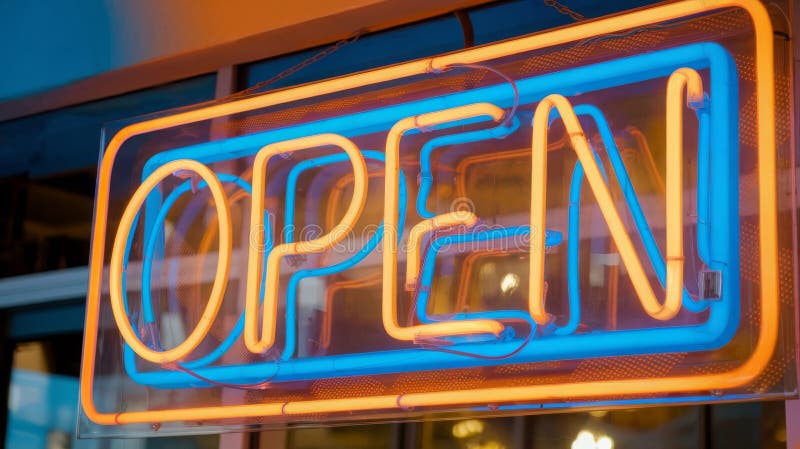 Bright Orange and Blue Neon "Open" Sign Glowing Stock Illustration ...