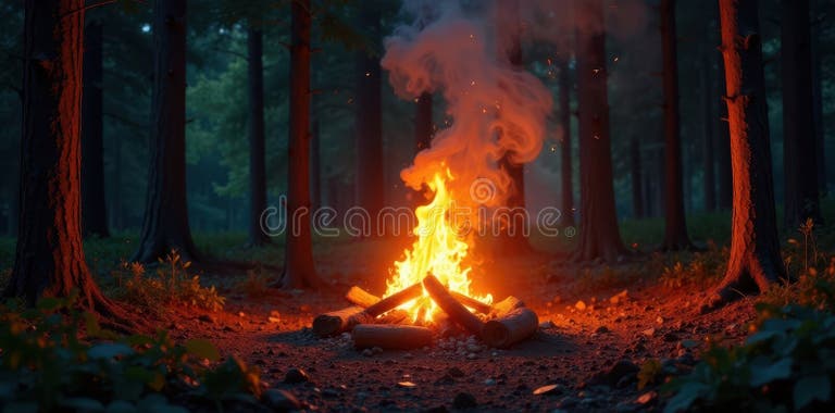 Bright Orange Campfire Casts Dancing Shadows on Trees, Light, Scene ...