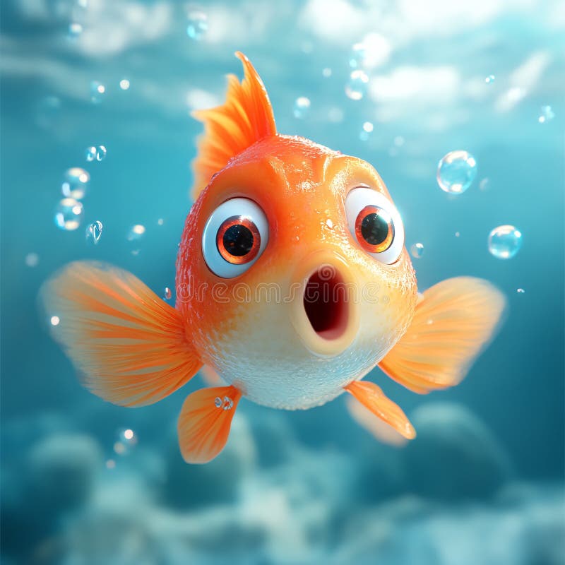 Bright Orange Cartoon Fish Underwater with a Surprised Expression Stock ...