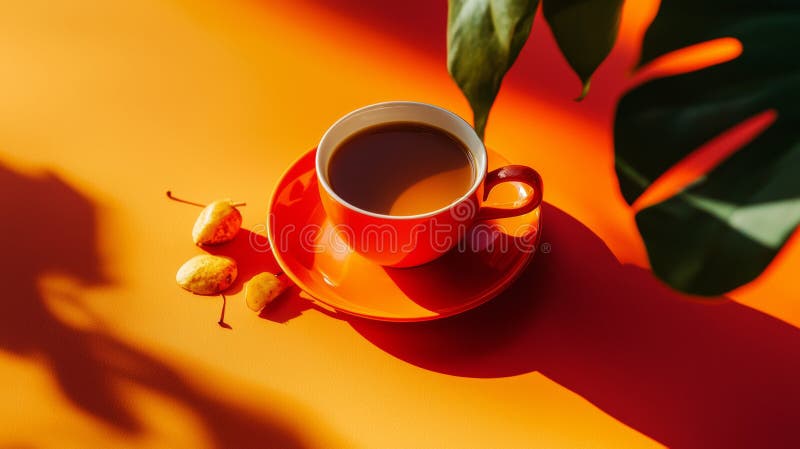 Bright Orange Coffee Cup Casting Shadows on a Vibrant Background Stock ...