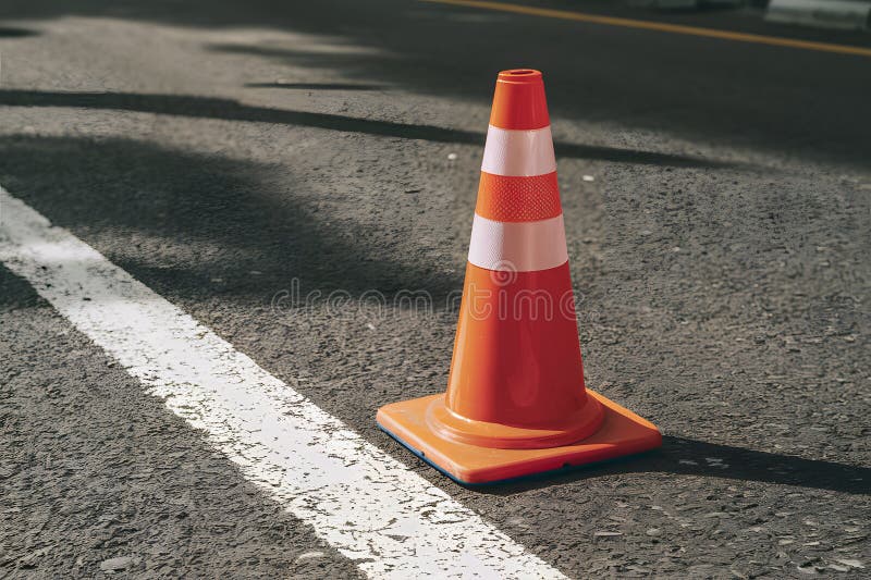 Bright Orange Cone by White Dashed Line on Sunny Asphalt Road Roadwork ...