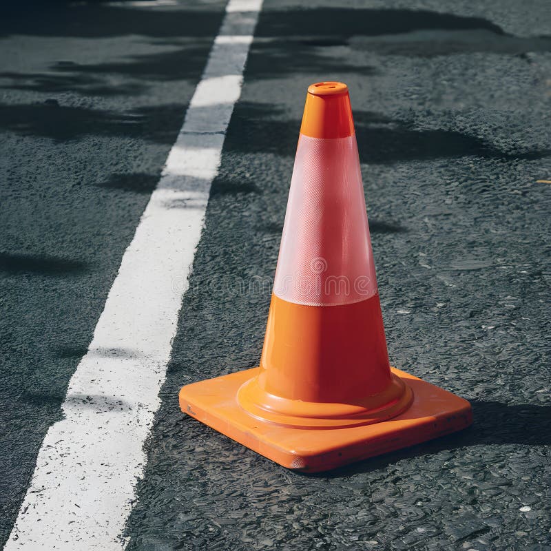 Bright Orange Cone by White Dashed Line on Sunny Asphalt Road Roadwork ...