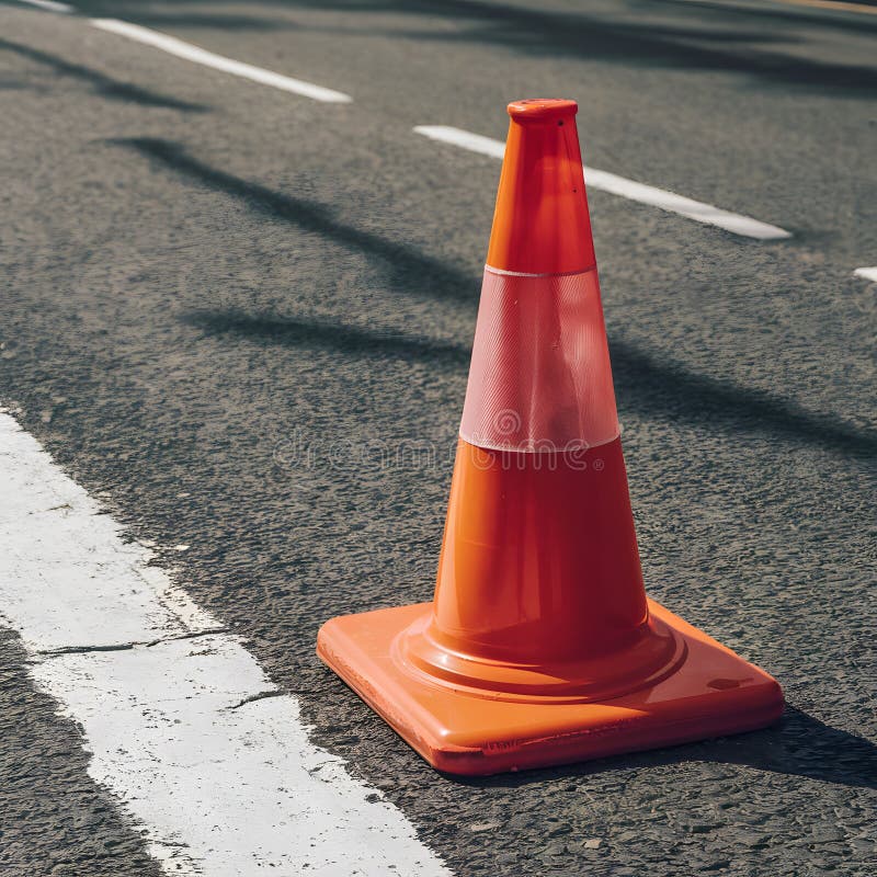 Bright Orange Cone by White Dashed Line on Sunny Asphalt Road Roadwork ...