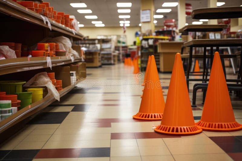 Bright Orange Cones Cordoning Off a Spill in a Grocery Store Stock ...