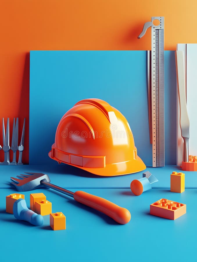 Bright Orange Construction Safety Helmet on Blue Table with Tools ...