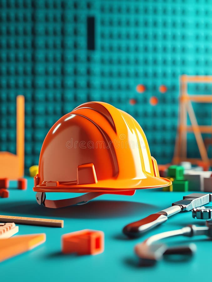 Bright Orange Construction Safety Helmet on Blue Table with Tools ...