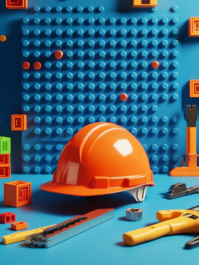 Bright Orange Construction Safety Helmet on Blue Table with Tools ...