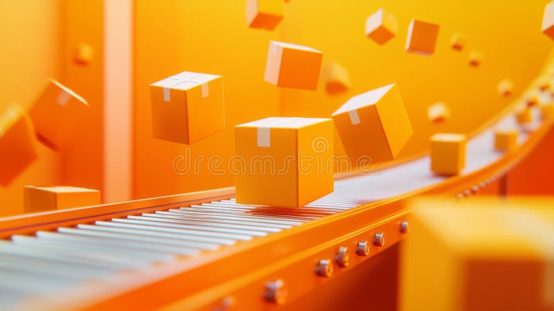 Bright Orange Conveyor Belt Moves Packages in a Vibrant, Modern ...