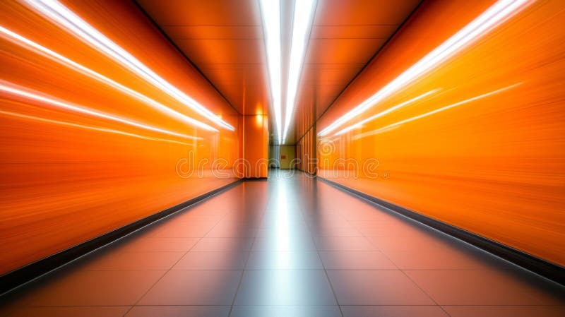 Bright Orange Corridor with Fluorescent Lighting Stock Illustration - Illustration of reflective ...