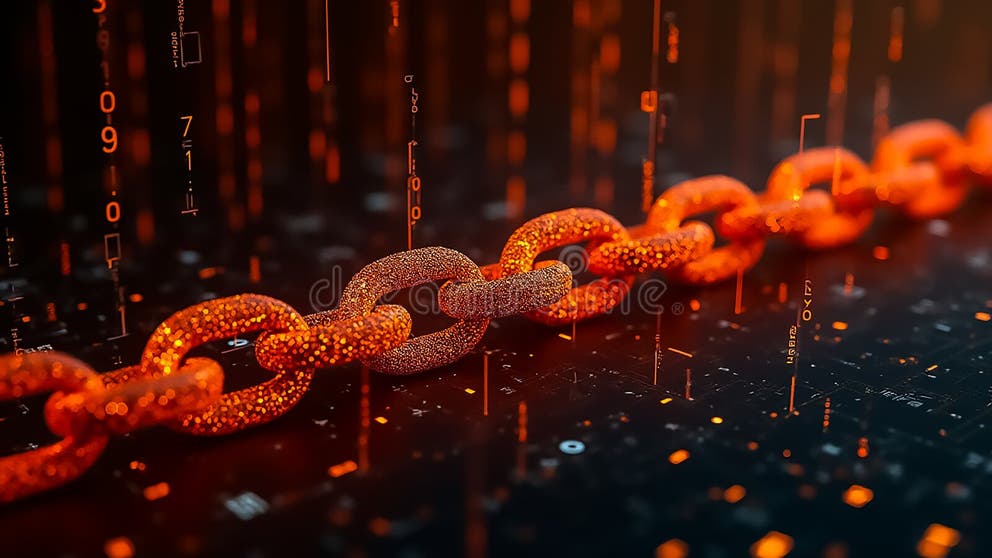 Bright Orange Digital Chain Links Connecting in a Futuristic ...