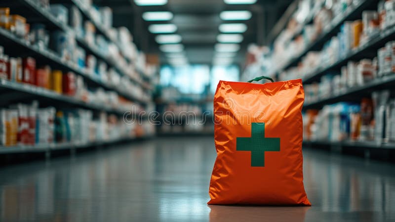 Bright Orange Emergency Kit with Green Cross in a Pharmacy Aisle Stock ...
