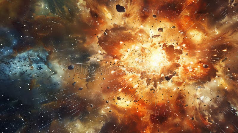 A Bright Orange Explosion in Space with Many Rocks and Debris Stock ...