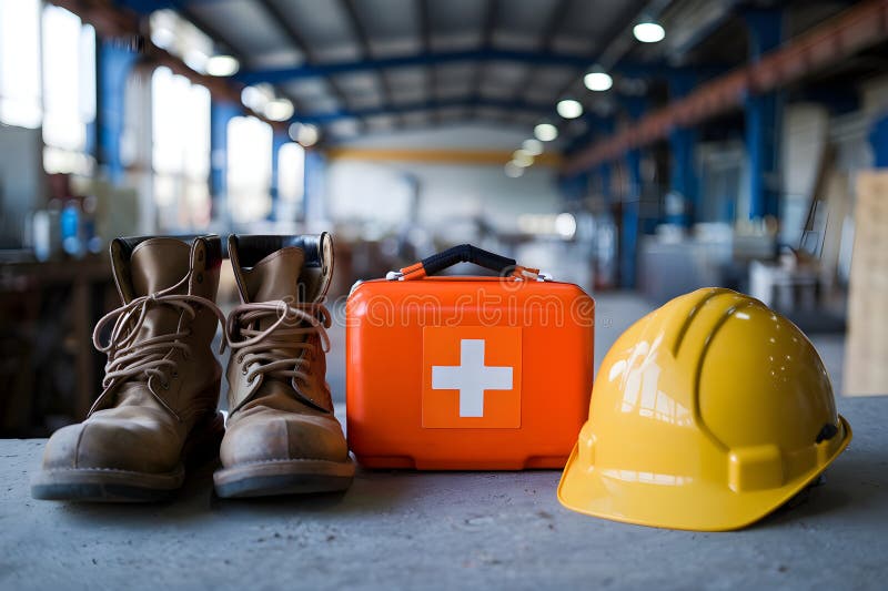 Orange First Aid Kit with Worn Boots and Hard Hat, Emphasizing Safety ...